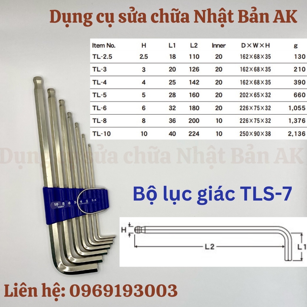 Bộ lục giác chữ L đầu bi EIGHT mã TLS-7 và TLS-7S gồm 7 cỡ, hàng Nhật ...