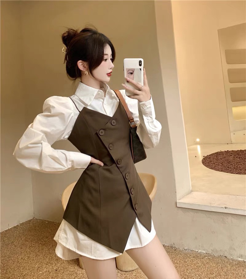 Sét áo sơ mi trắng kèm áo gile 2 dây cúc cài lệch vạt chéo chuẩn ...