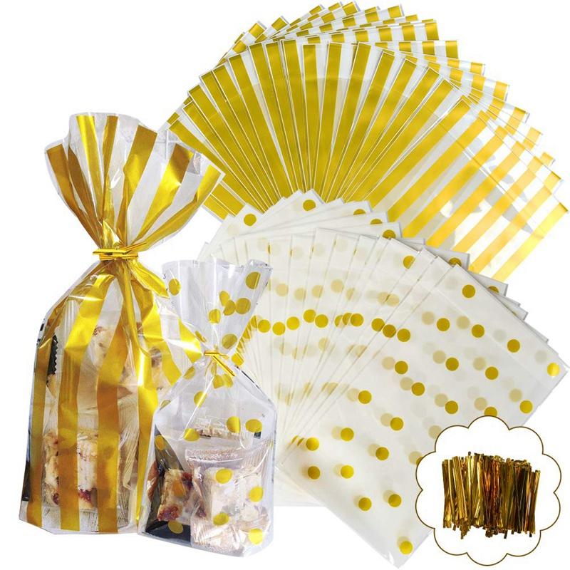 100PCS Gold OPP Bags with Twist Ties for Cookie, Bakery, Candy, Sweet ...