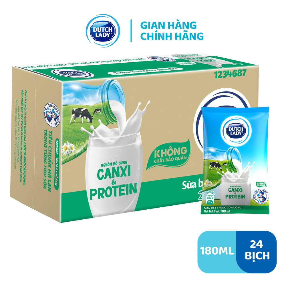 Thùng 24 bịch sữa tiệt trùng ít đường Dutch Lady Canxi Protein 180ml ...