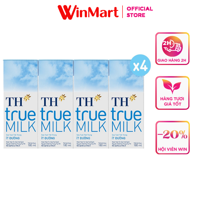 [Siêu thị WinMart] - Sữa tươi tiệt trùng TH True Milk ít đường Lốc 4 hộp x 180ml | Lazada.vn