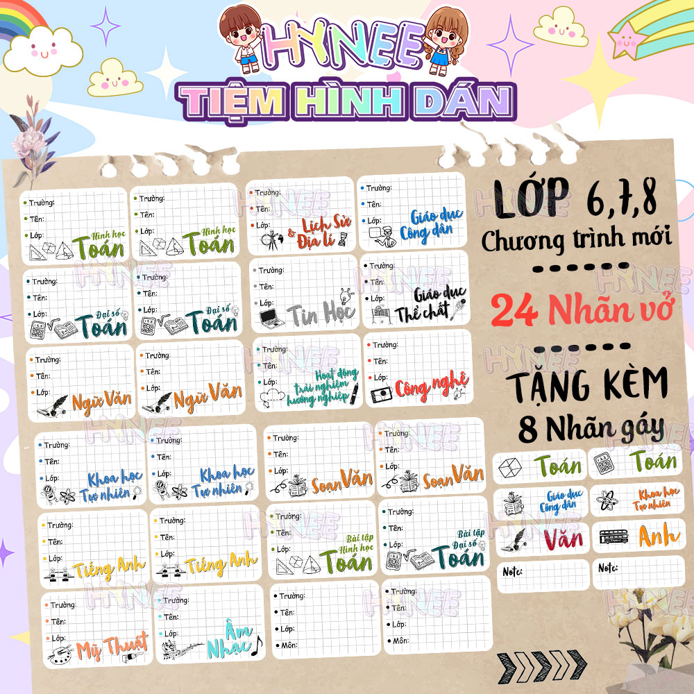 Sticker Nhãn Vở Môn Học Kèm Quà Tặng Chương Trình Mới Cấp 1,2,3 - Nhãn ...