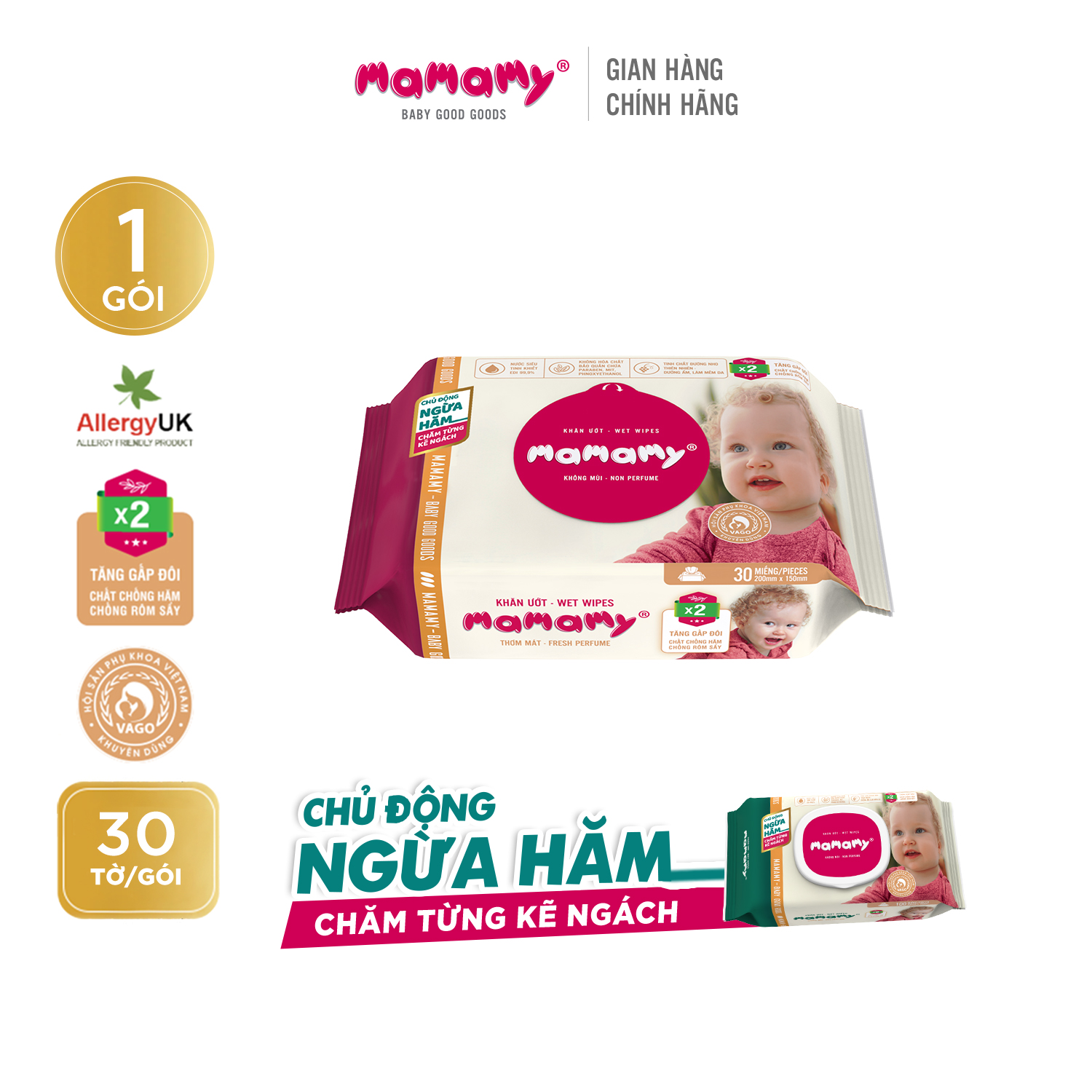 Khăn giấy ướt 30 tờ chủ động ngừa hămx2 chất ngừa hăm Mamamy Không ...