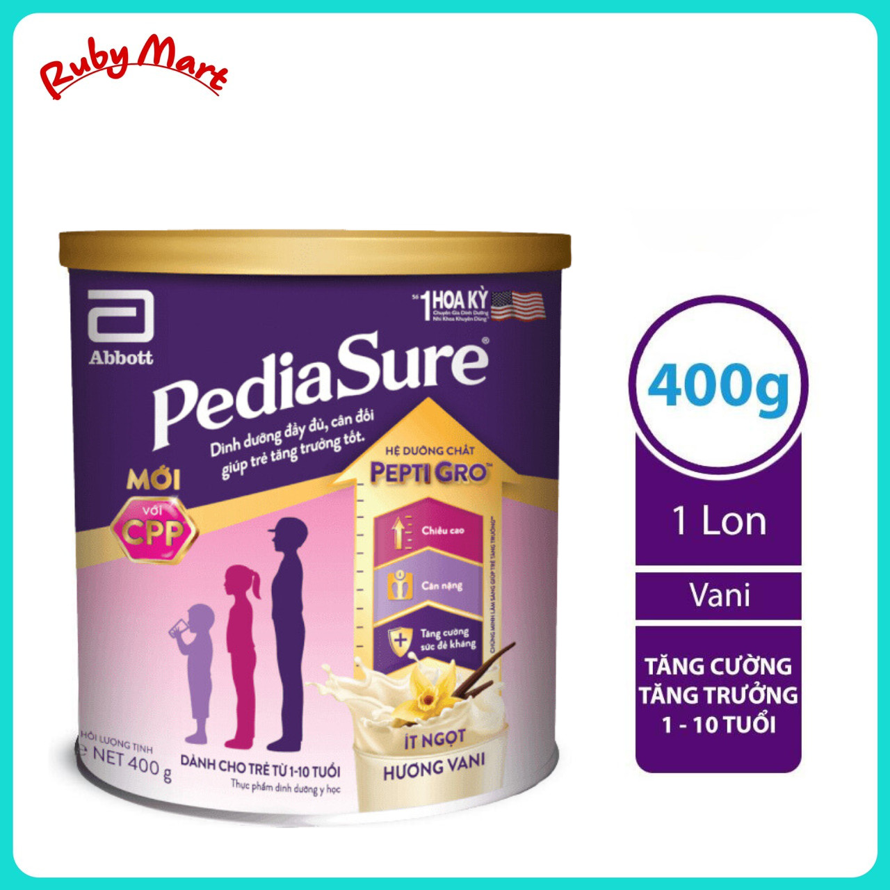 Date 12.2024 Sữa PediaSure Lon 400g - Hương vani Ít Ngọt cho bé 1-10 ...