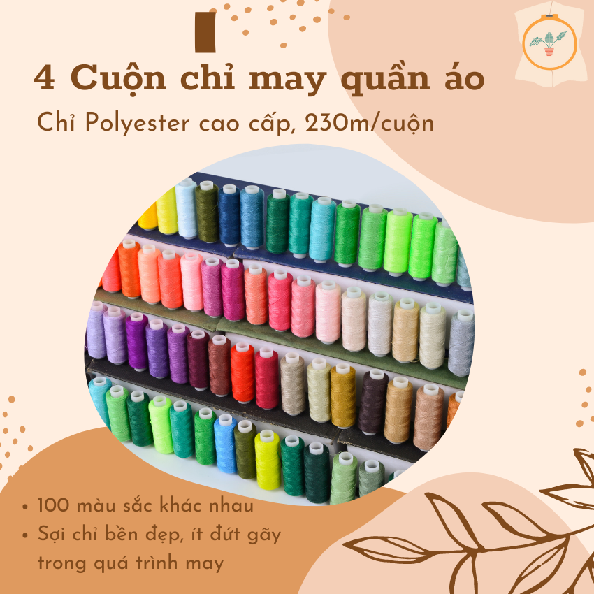 4 cuộn chỉ may quần áo, vỏ chăn, áo gối, loại chỉ Polyester cao cấp ...