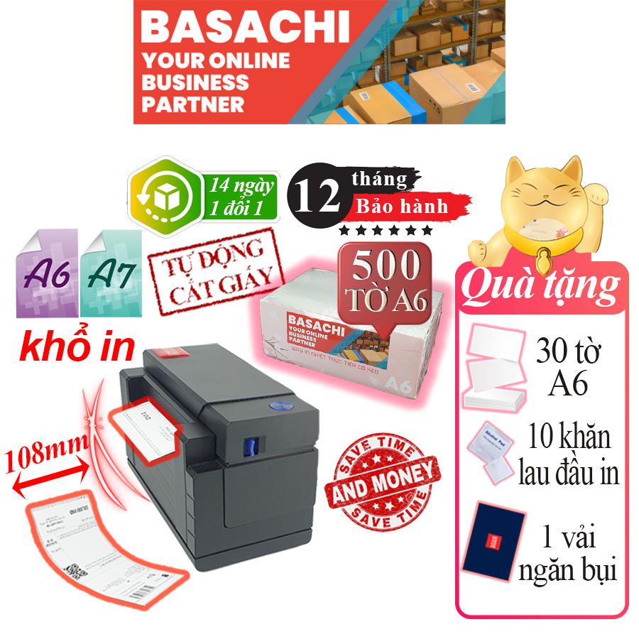 Máy in nhiệt BASACHI cắt giấy tự động A6/A7 + 500 TỜ A6 đơn hàng hóa ...