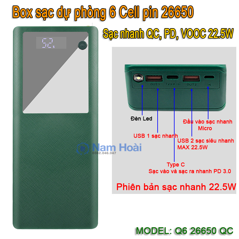 Box sạc dự phòng 6 cell pin 26650 Q6 sạc nhanh QC, PD, VOOC 3.0 tháo ...