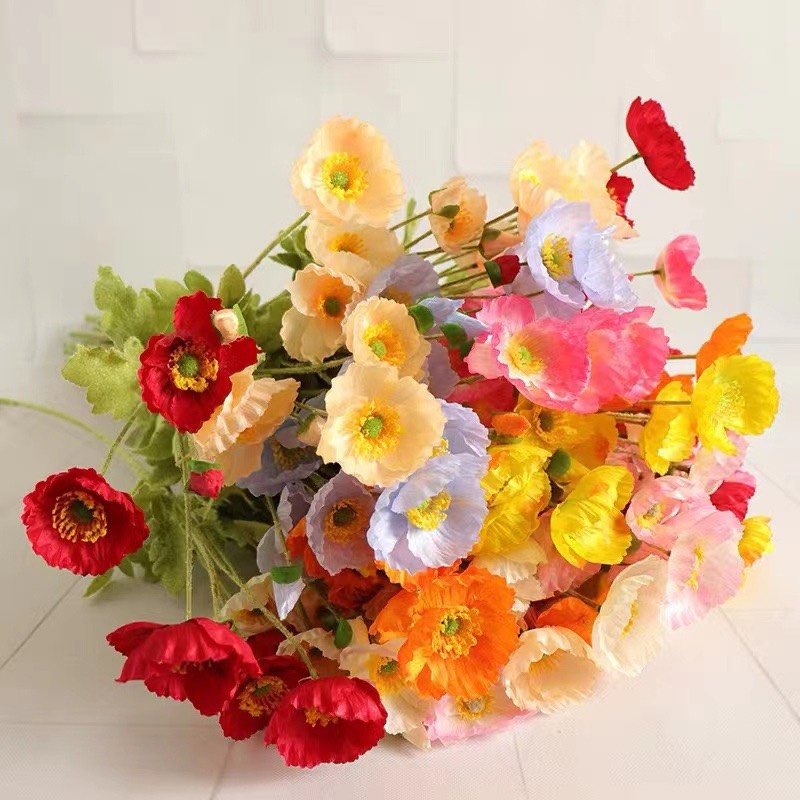 Hoa Poppy anh tuc giả 1 cành 3 bông 1 nụ màu pastel hoa lụa giả xinh ...
