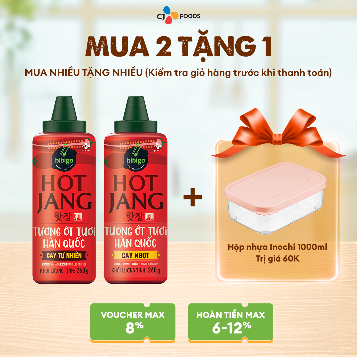 Tặng Hộp Inochi Combo 2 chai Tương Ớt Tươi Hàn Quốc Bibigo Hot Jang Cay ...