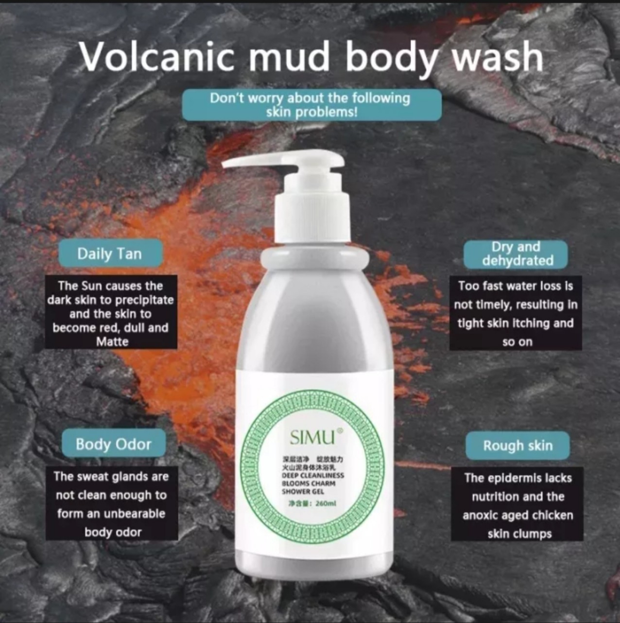 SIMU SỮA TẮM TẨY TẾ BÀO BÙN NÚI LỬA TRẮNG DA 260ml giúp làm trắng da ...