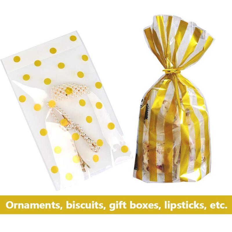 100PCS Gold OPP Bags with Twist Ties for Cookie, Bakery, Candy, Sweet ...