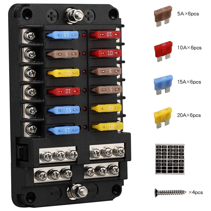 12V 12 Way Marine Fuse Block Fuse Panel with Ground & 12 Volt Fuse Box ...