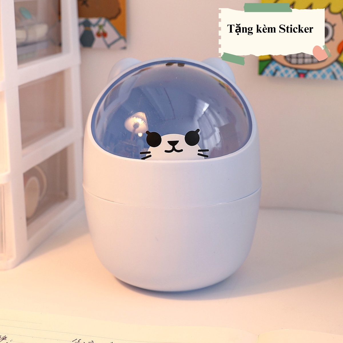 Thùng Rác Mini Có Nắp Đậy Hình Chú Mèo Tặng Kèm Sticker, Hộp Đựng Bút ...