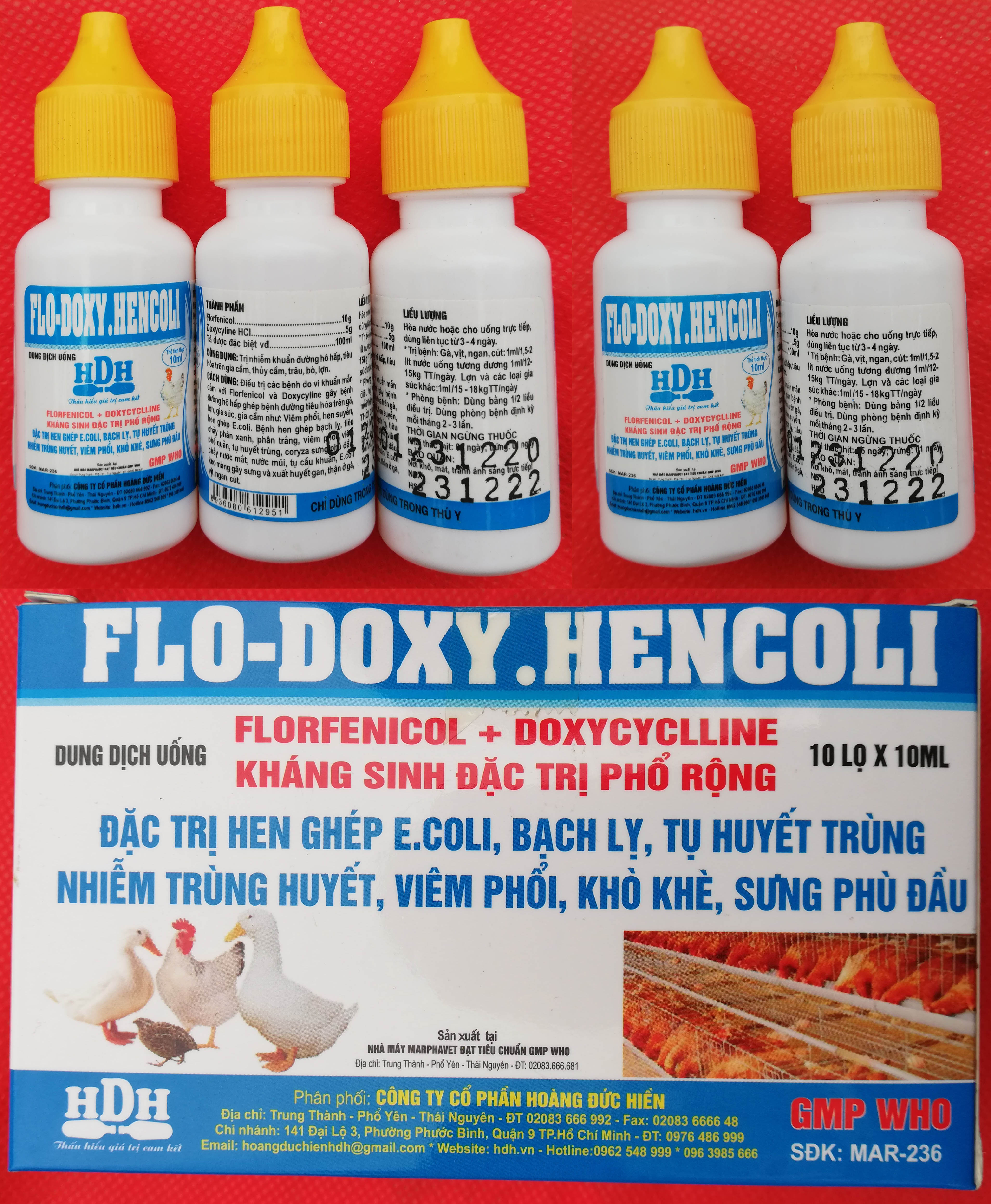 1 lọ FLO-DOXY.HENCOLI 10ml Dùng cho hen ghép E.coli, bạch lỵ, tụ huyết ...