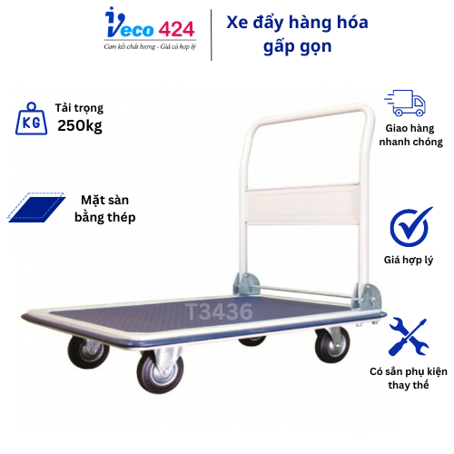 Xe đẩy hàng 4 bánh gấp HT 3436, tải trọng 250kg, khung xe làm từ thép ...