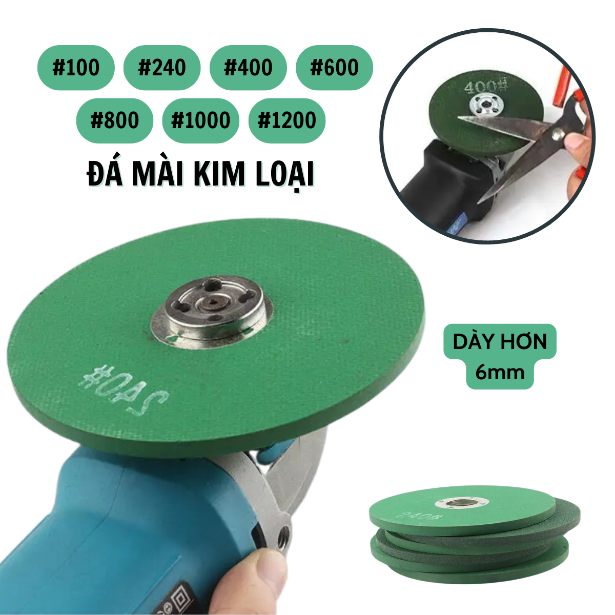 Đá mài dao kéo, mài kim loại dày 6mm gắn máy mài góc, máy cắt cầm tay ...