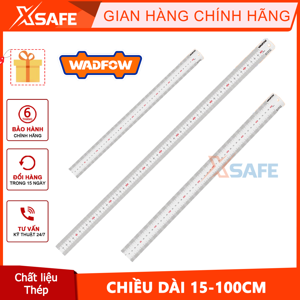 Thước lá thép Wadfow chiều dài 15-100cm chiều rộng 15-32mm chất liệu thép có hệ đo mét và inch ...