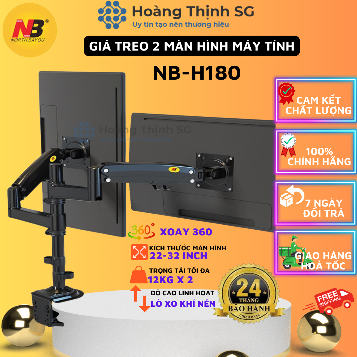 Giá đỡ 2 màn hình máy tính gắn cạnh bàn North Bayou H180 (22-32 inch ...