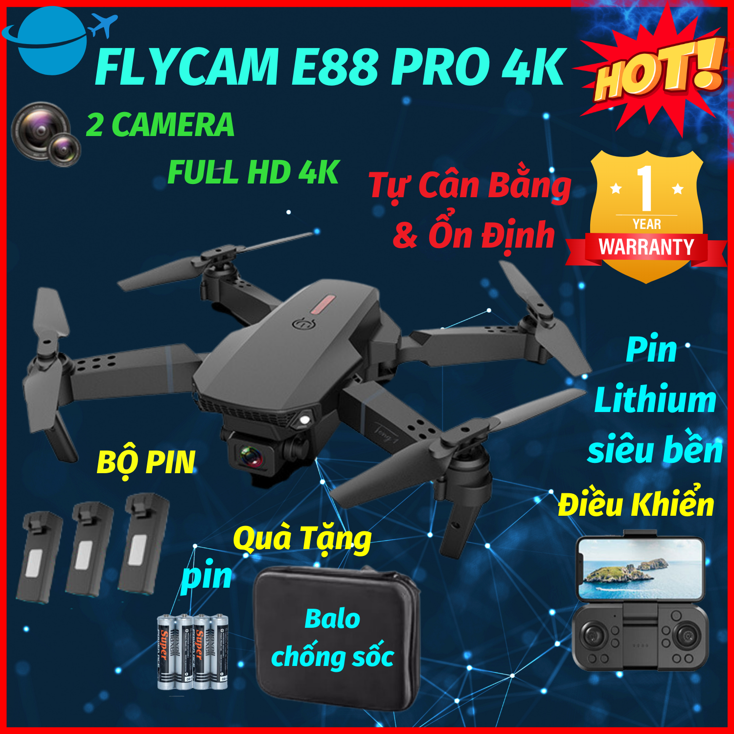Máy bay Flycam E99 PRO phiên bản mới có 2 camera kép pin 1800mAh, máy ...