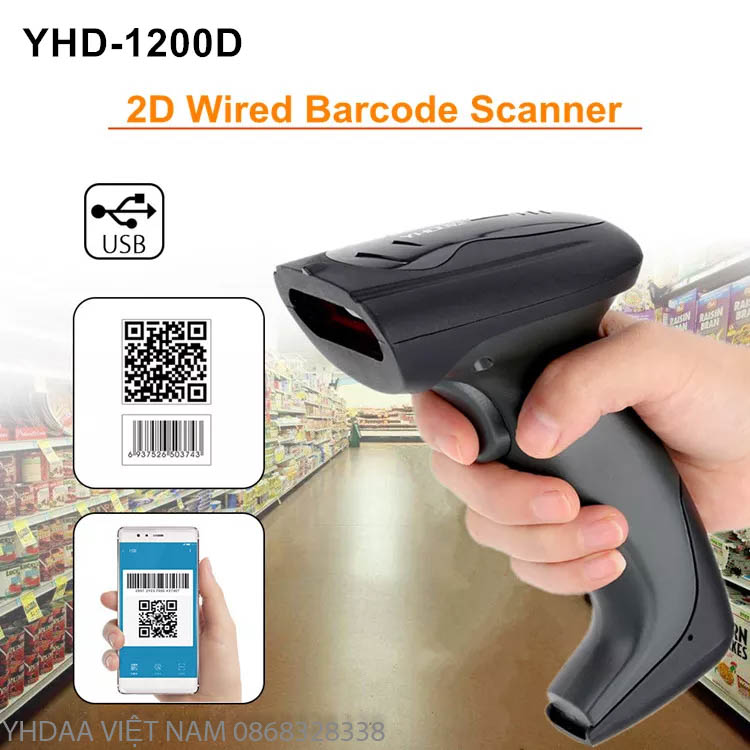 Máy quét mã vạch cầm tay YHD 1200D đọc mã vạch Barcode 1D Qrcode 2D mẫu ...