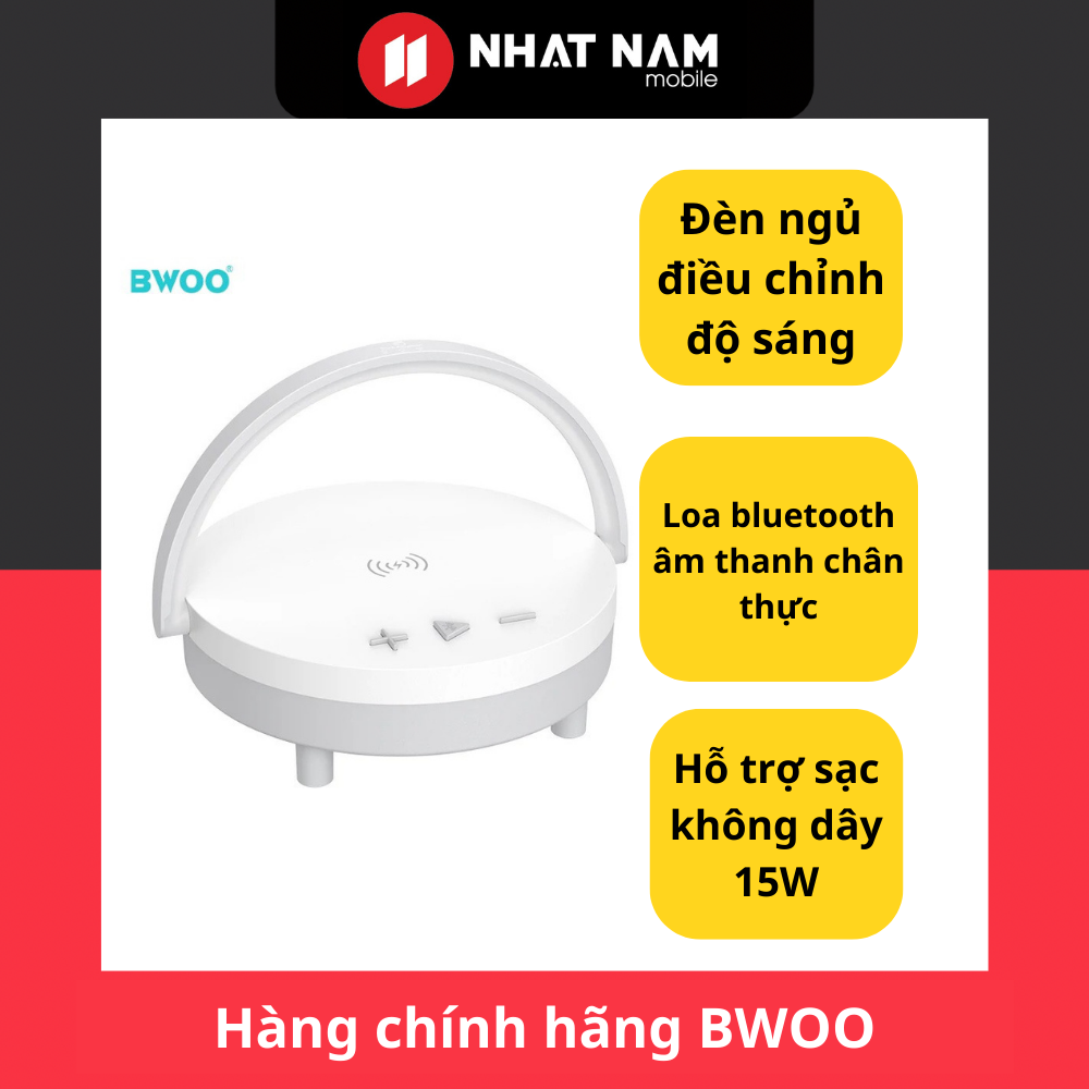 Đèn ngủ kiêm sạc không dây, tích hợp loa bluetooth BWOO, sạc nhanh 15W, thiết kế nhỏ gọn, đơn ...