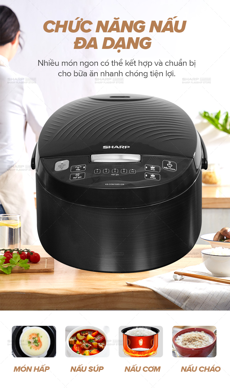 Nồi Cơm Điện Tử Sharp KS-COM152EV-DS 1.5L 4 Chức năng nấu Màn hình LED Lòng nồi 5 lớp - Hàng ...