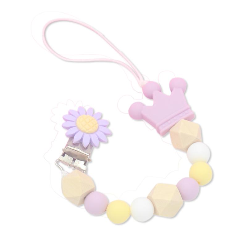 Silicone Wood Beads Baby Pacifier Clip Chain Cute Flower Crown Pacifier ...
