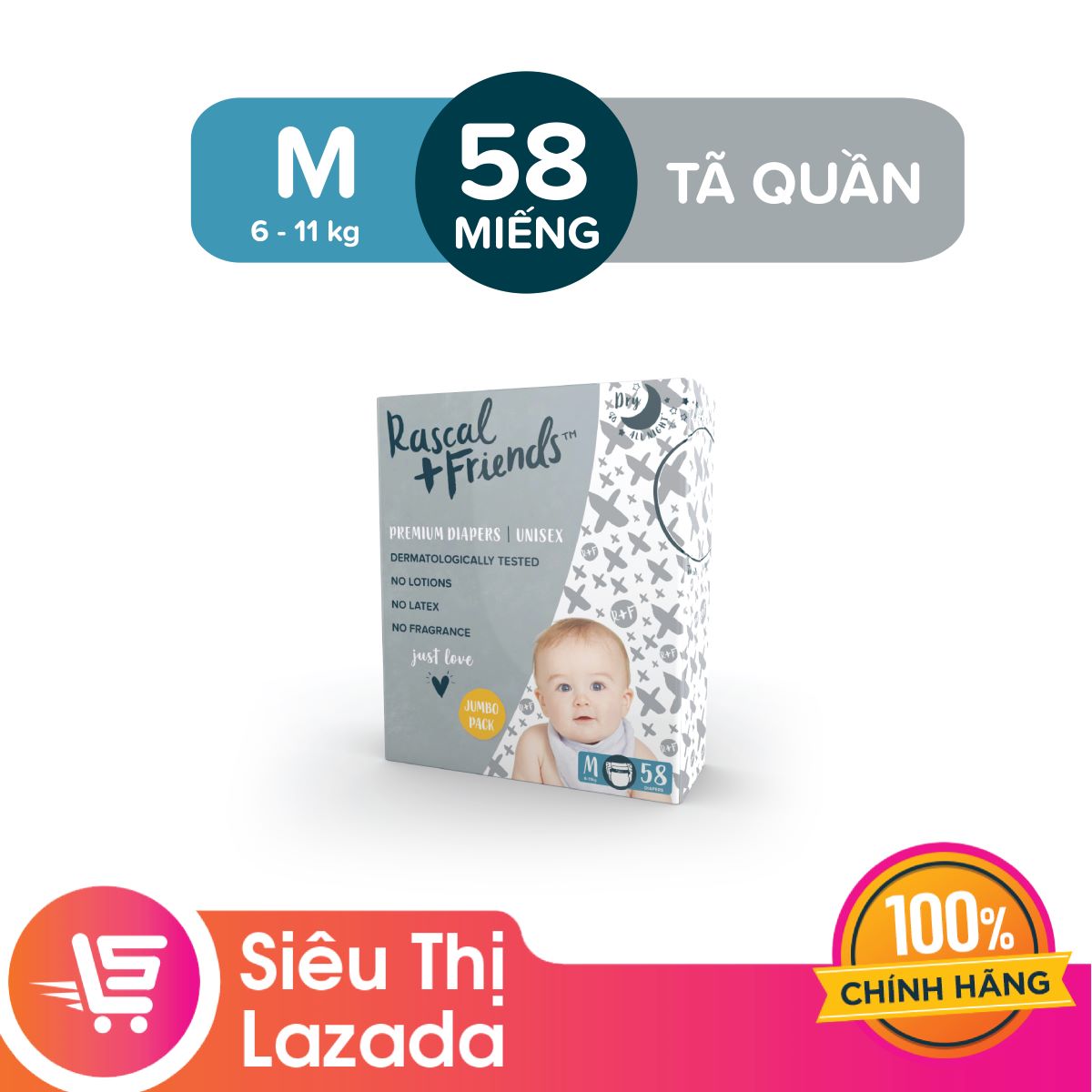 [HOT DEAL] Tã/Bỉm Quần Rascal & Friends cho bé 6kg 11kgSize M 58 miếng - MixASale
