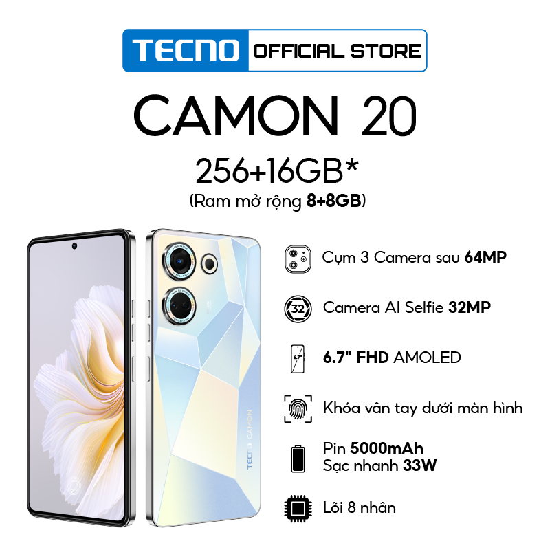 Điện thoại Tecno CAMON 20 8GB256GB - Camera 64MP 32MP 5000 mAh Sạc ...