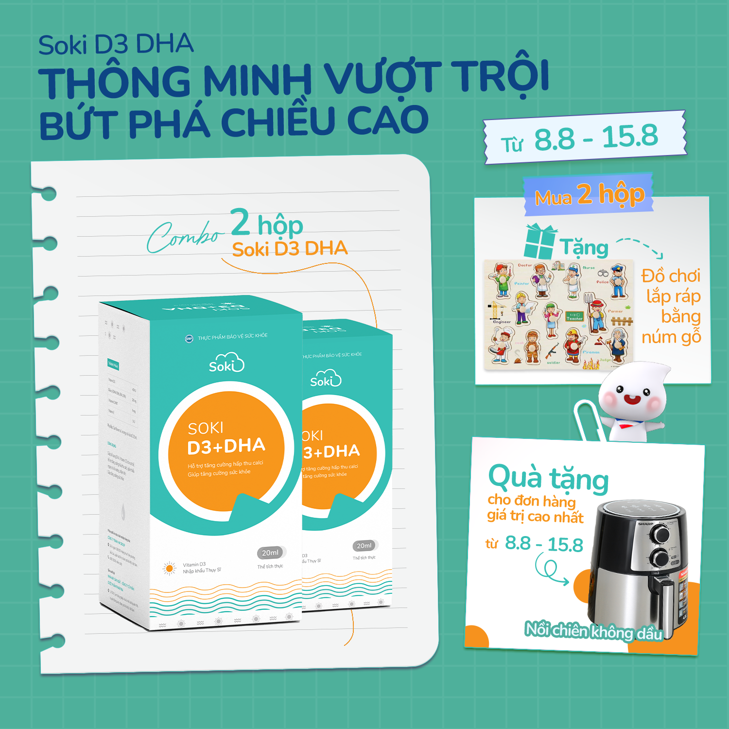 [Vitamin D3+DHA cho bé] Combo 2 hộp Soki D3 DHA - Bứt phá chiều cao, thông minh vượt trội ...