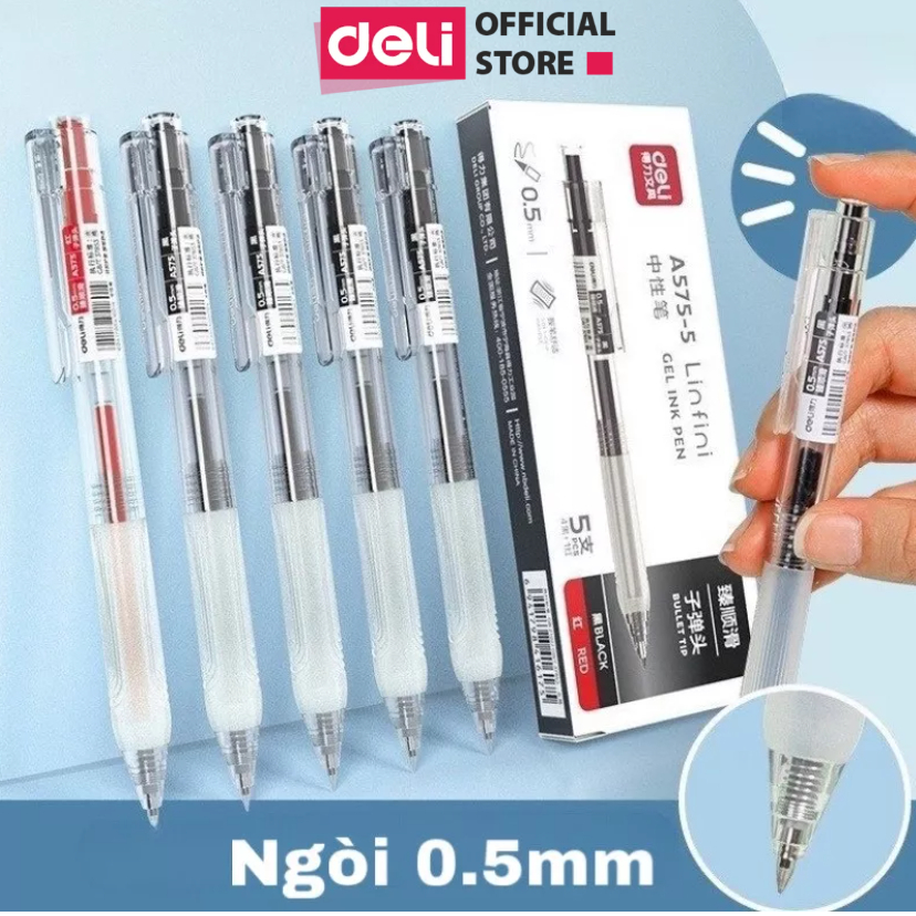 Combo 20 Bút bi bút gel bấm mực đen xanh DELI ngòi 0.5mm, Bút bi nước, viết mực đen cho học sinh ...
