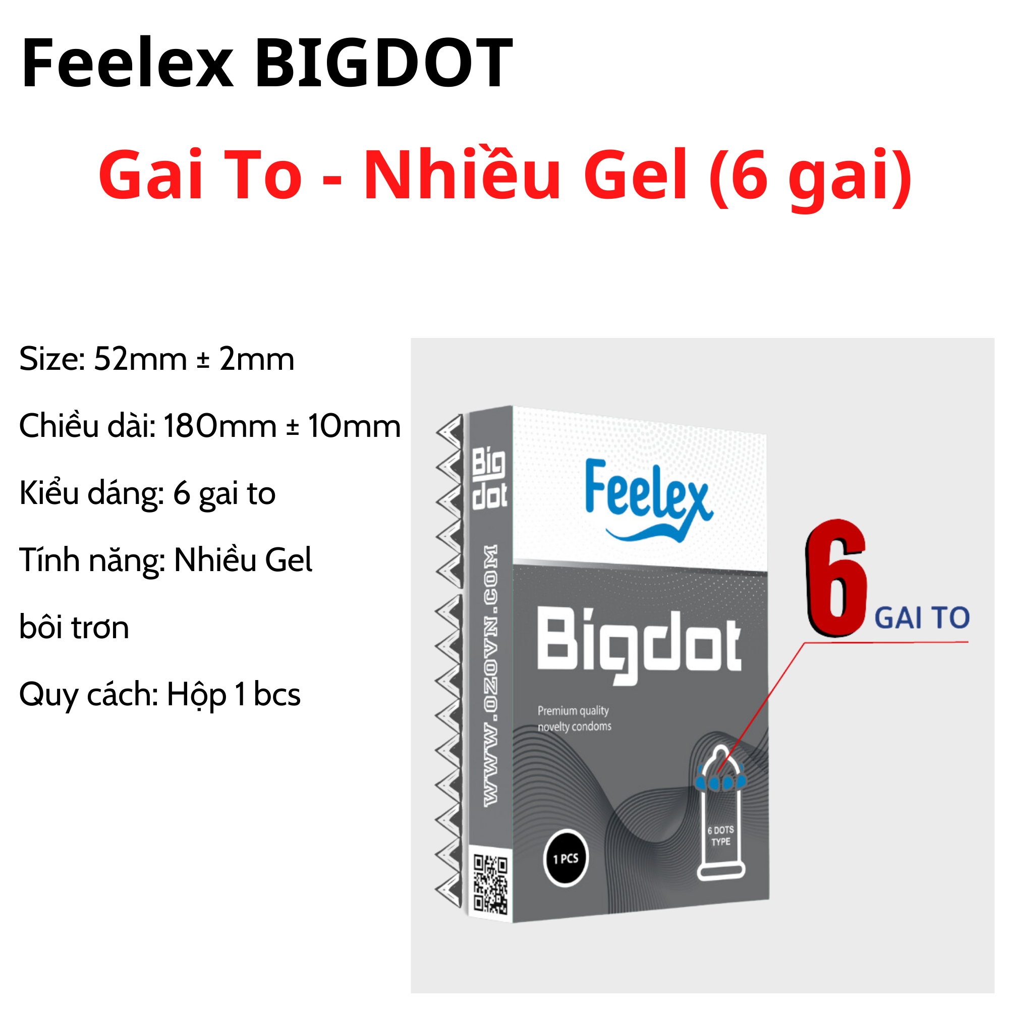 Bao cao su gai Feelex Bigdot 6 bi lớn, nhiều gel bôi trơn, hộp 1 chiếc ...