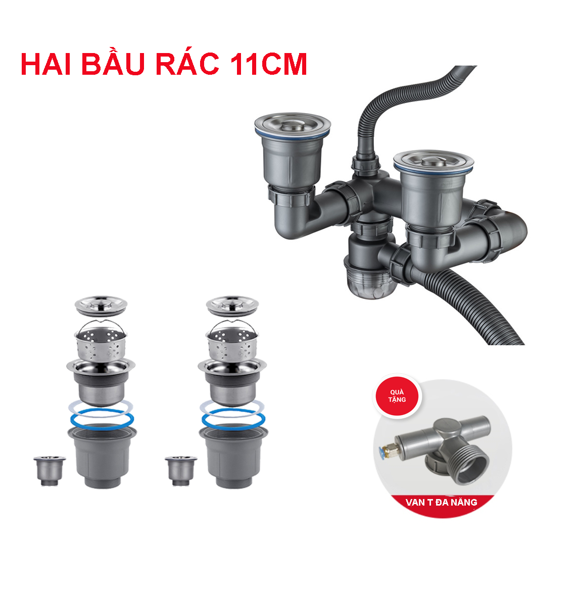 Xiphong dùng cho chậu rửa bát inox 2 hố, 2 thoát tràn,kèm van nối thải ...