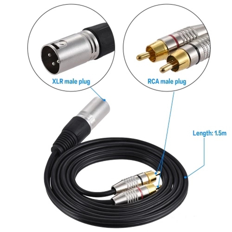 1 XLR Male to 2 RCA Male Plug Stereo Audio Cable Connector Y Splitter ...