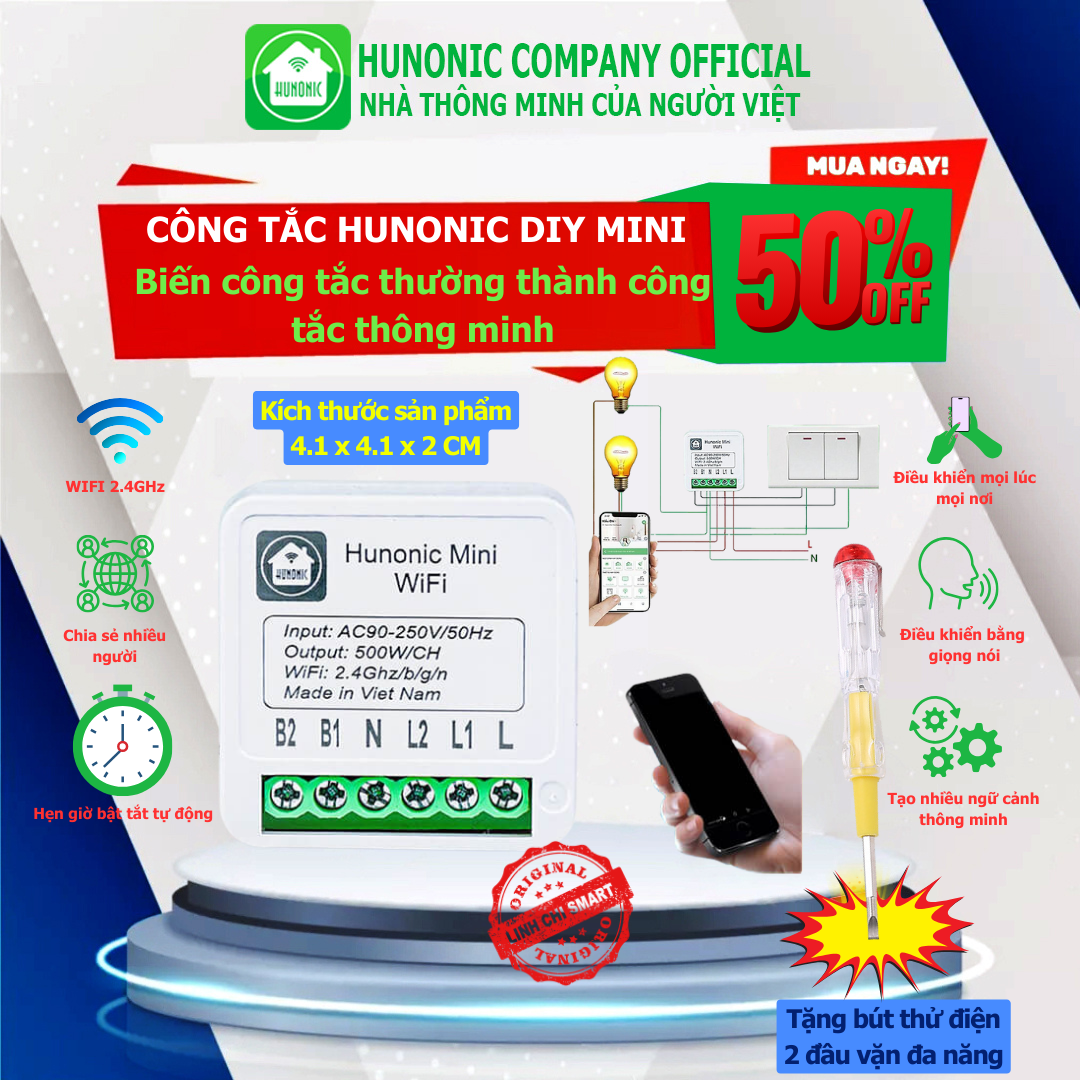 Công tắc wifi hunonic mini 2 kênh, biến công tắc thường thành công tắc ...