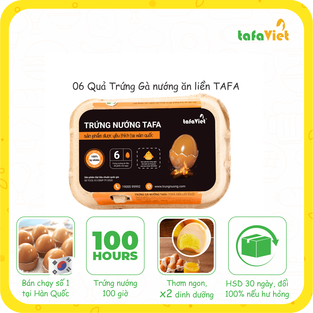 Trứng gà nướng cao cấp Tafa ăn liền hộp 6 quả, 100% date mới, Gấp đôi ...
