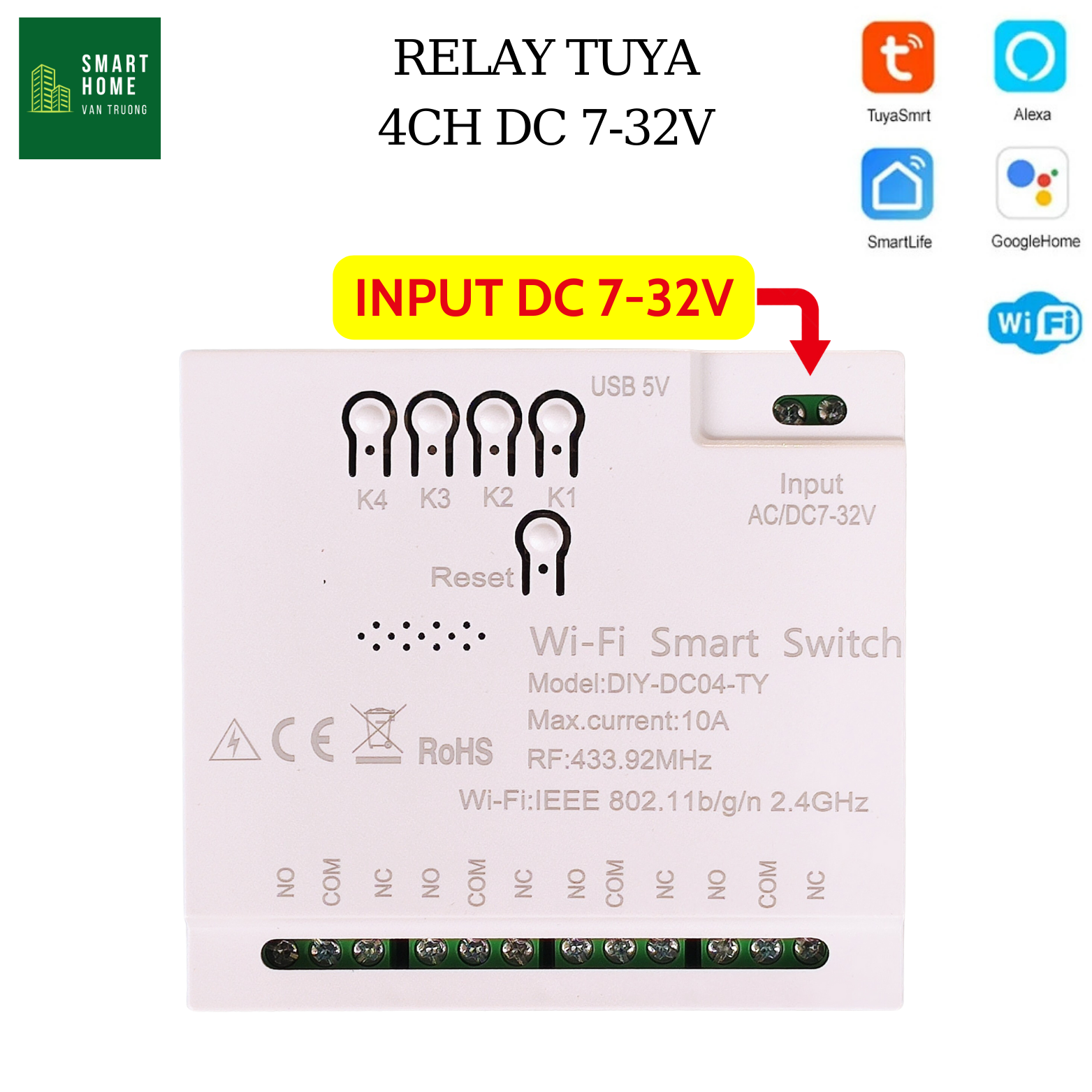 Module rơ le WiFi RF Tuya 4 kênh 4CH điều khiển từ xa input AC/DC 7-32V ...