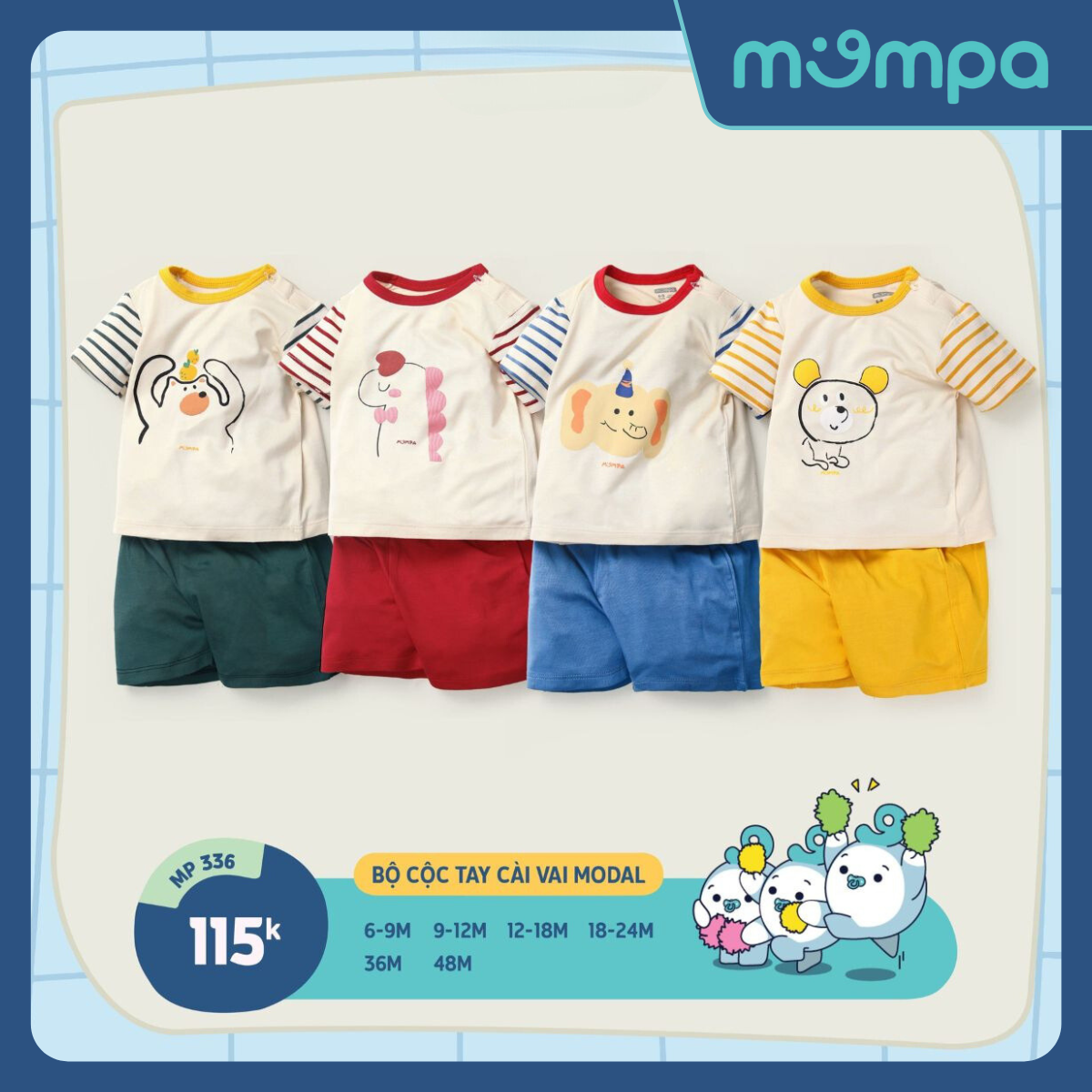 Bộ quần áo cộc tay cho bé Mompa 6 tháng - 4 tuổi vải Modal cài vai ...