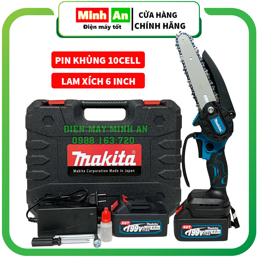 Máy cưa xích cầm tay, máy cưa gỗ mini dùng pin MAKITA 199V pin 10cell cắt gỗ tỉa cành cực bén ...
