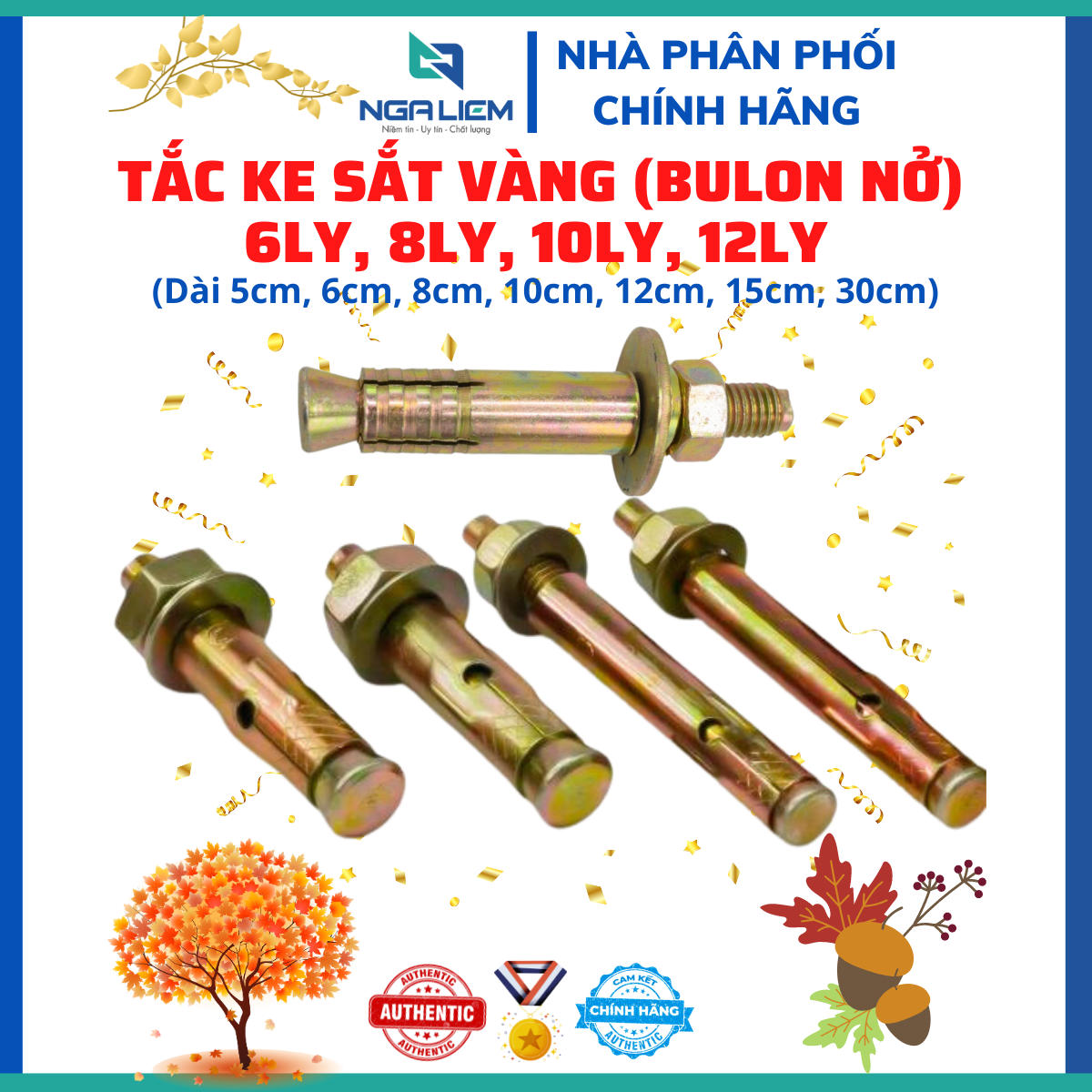 Tắc kê sắt vàng (Bulon nở sắt) 6ly 8ly 10ly 12ly dài 6cm 8cm 10cm 12cm ...