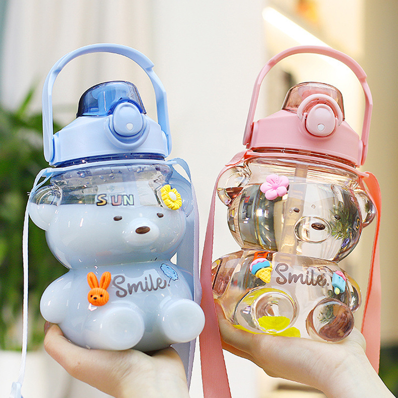 Bình Nước Bình đựng Nước 1000ml Hình Gấu Cute Có Dây đeo Và ống Hút Kèm Sticker Bình Nước