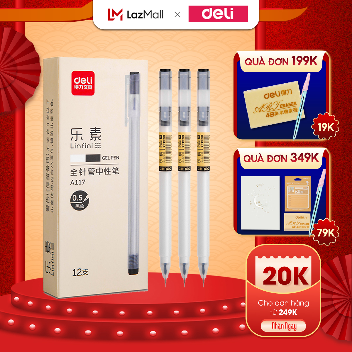 Combo 3 Bút bi nước bút gel nước ngòi 0.5mm Deli mực đều, nét đẹp, khô ...