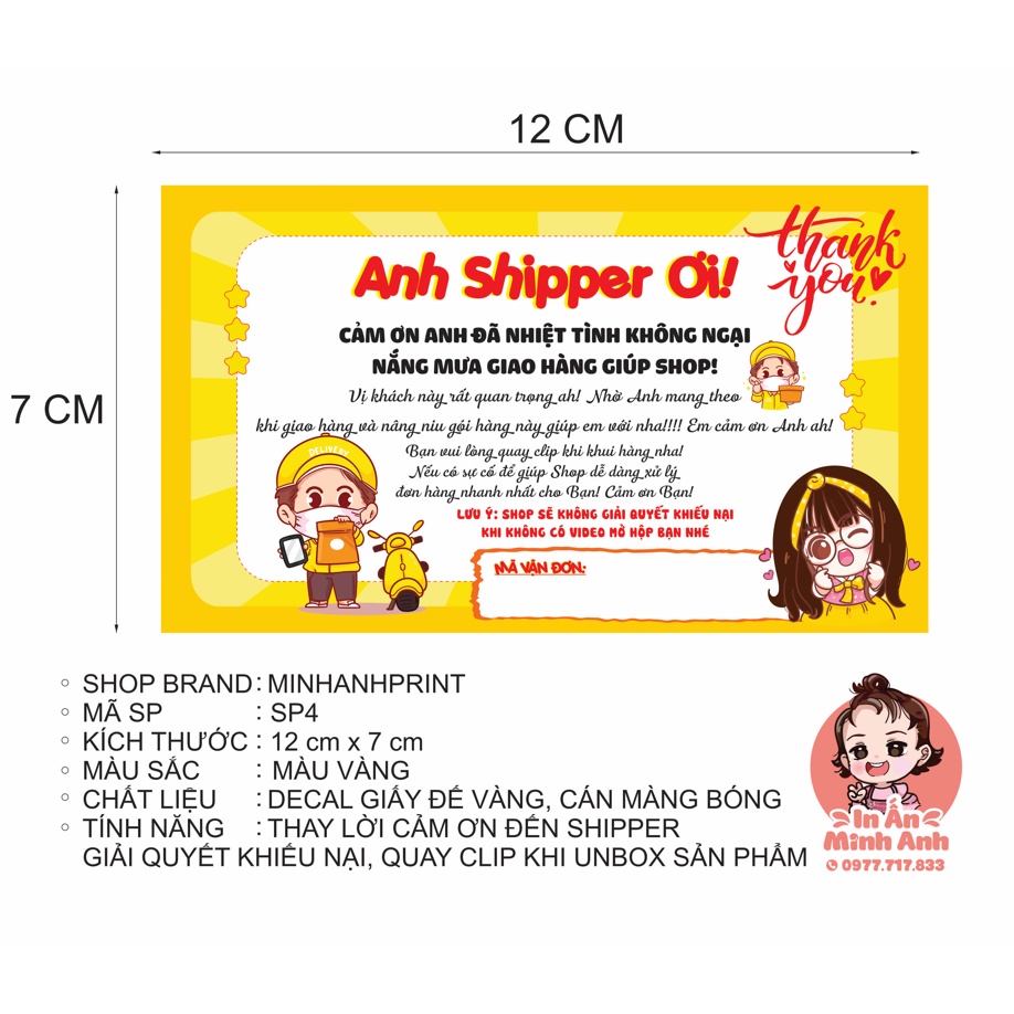 Anh shipper ơi, decal giấy dán cảm ơn anh giao hàng, mã vận đơn, tem ...