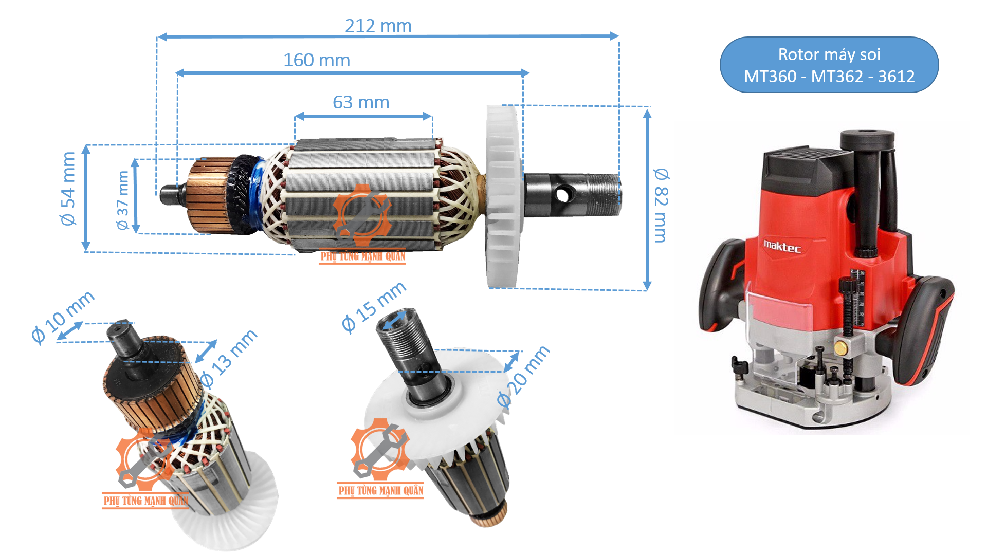 rotor/ruột máy soi / máy phay MT362 MT360 MT3612 cánh nhựa dài 212 mm ...