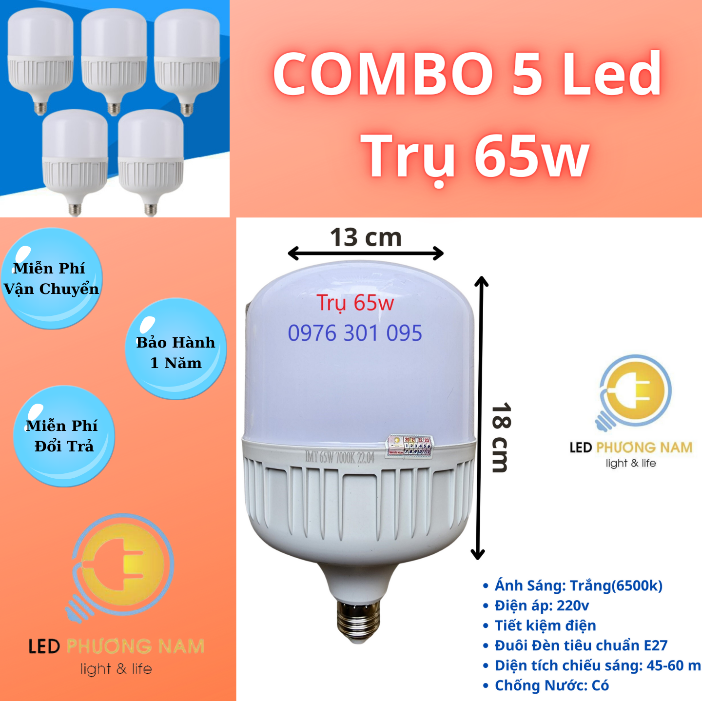 [COMBO 5 Bóng] Đèn Led Trụ 20w/30w/40w/50w/65w Siêu Sáng, Kín Nước Sáng ...