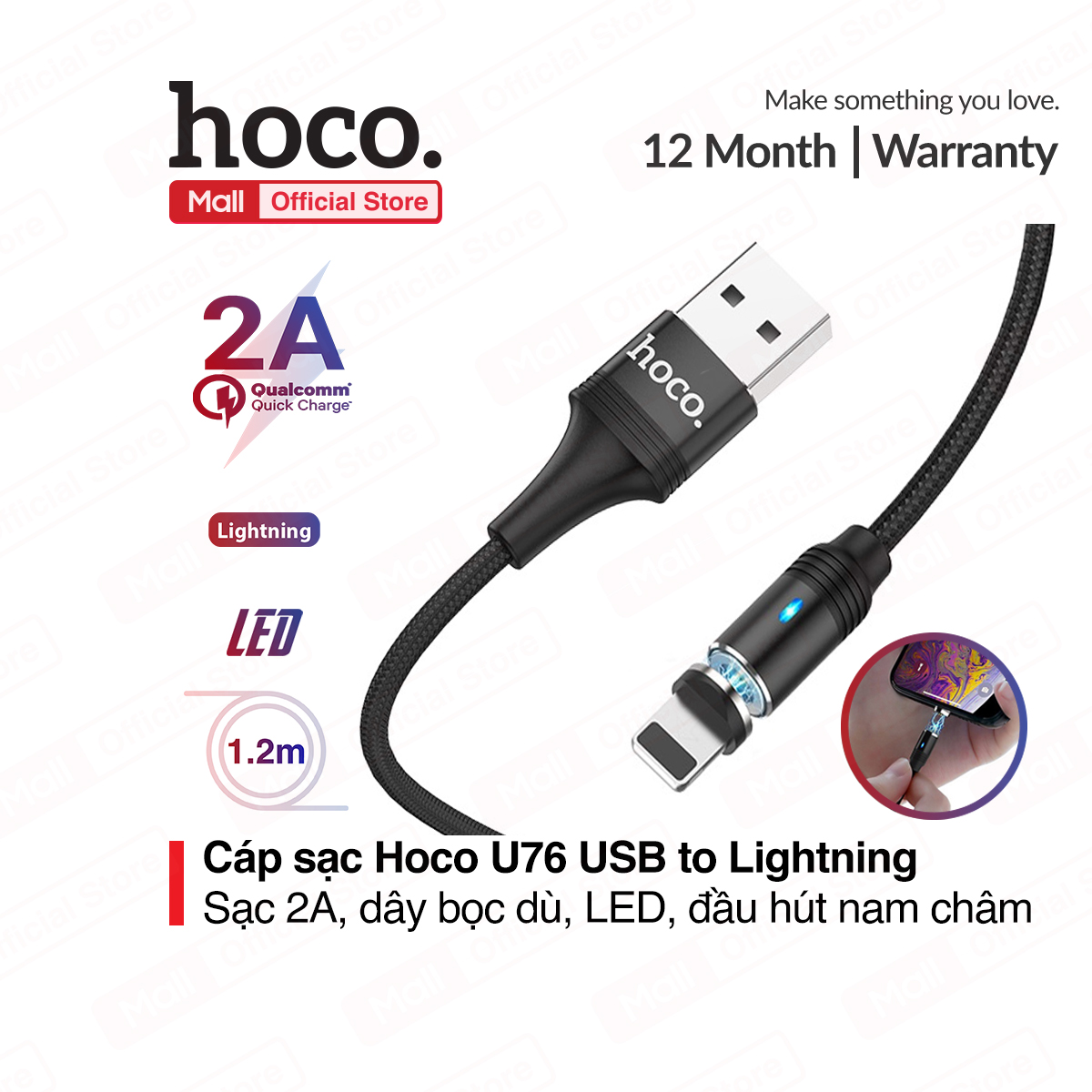 Cáp sạc nam châm Hoco U76 USB to Lightning sạc nhanh tối đa 2A, hỗ trợ truyền dữ liệu, tương ...