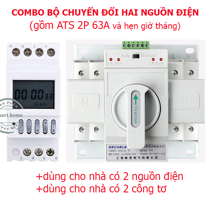 COMBO Bộ chuyển đổi nguồn tự động ATS 2P 63A và Timer hẹn giờ Tháng ...