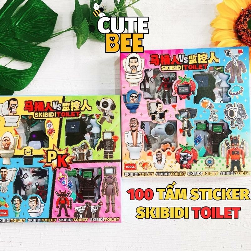 Skibidi Toilet hộp 100 tấm sticker có khoảng 1000 hình dán cắt sẵn dính ...