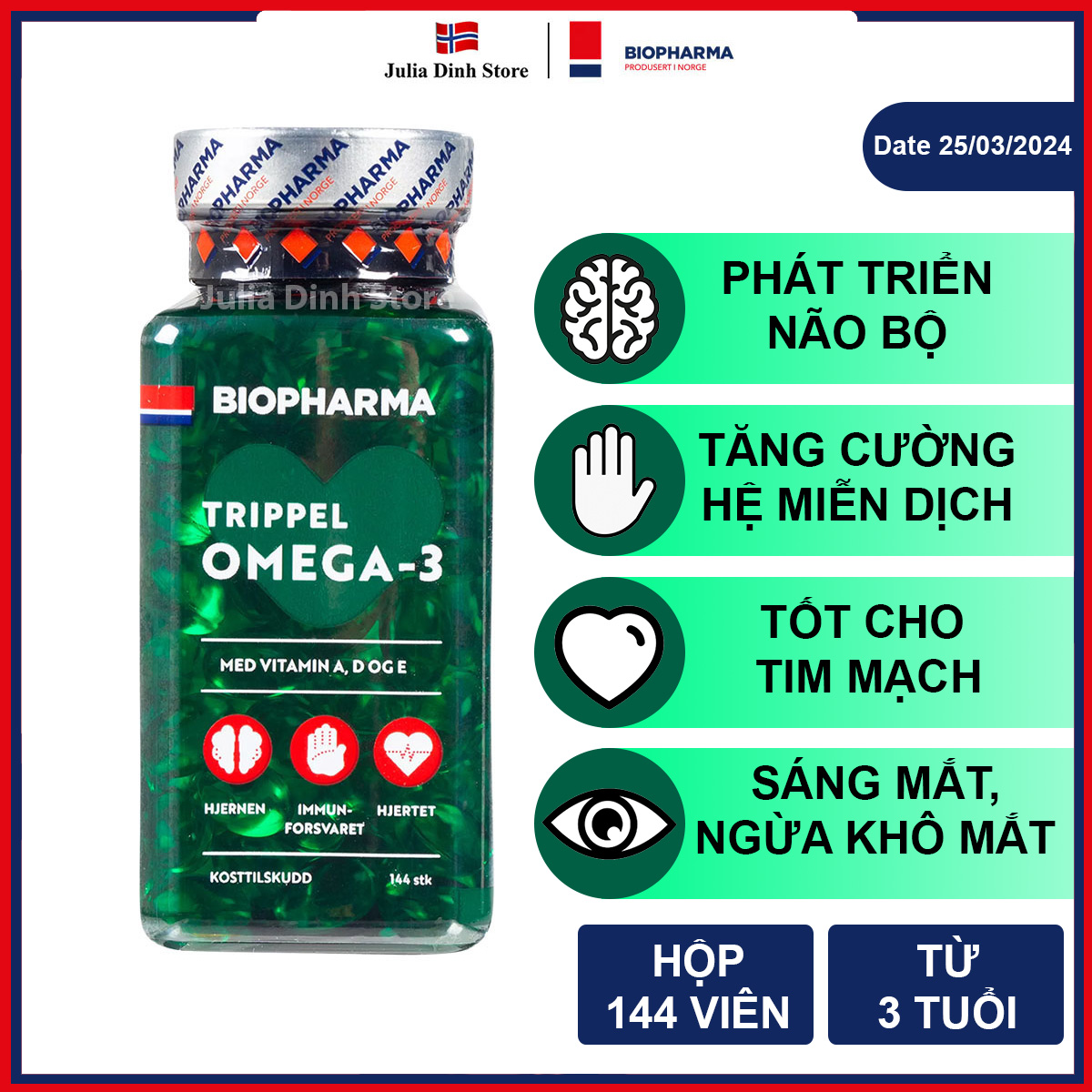 Dầu cá Omega 3 và Vitamin A,D,E BIOPHARMA Trippel nội địa Na Uy - hộp ...