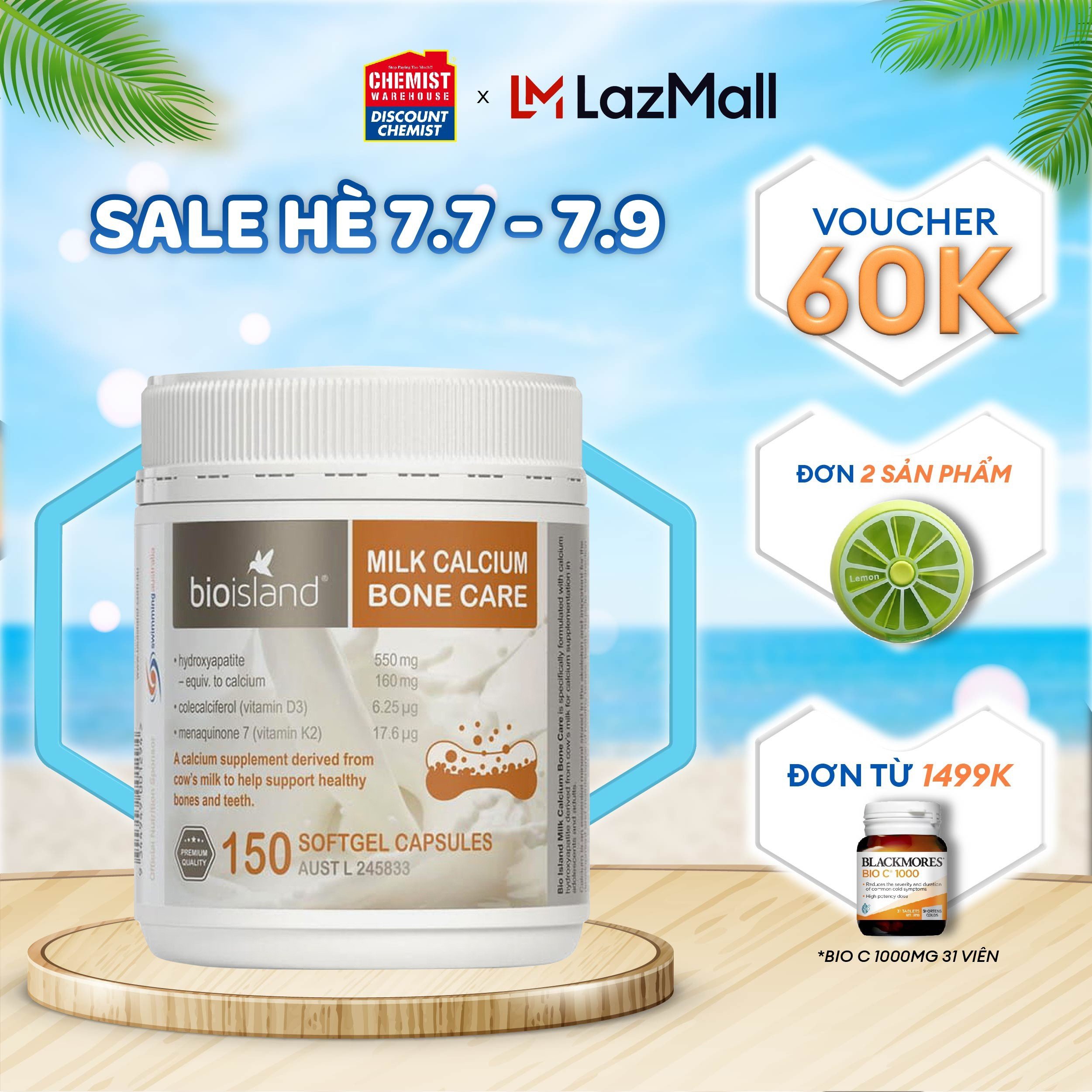 Viên bổ sung canxi sữa Bioisland Milk Calcium Bone Care 150 viên hỗ trợ ...